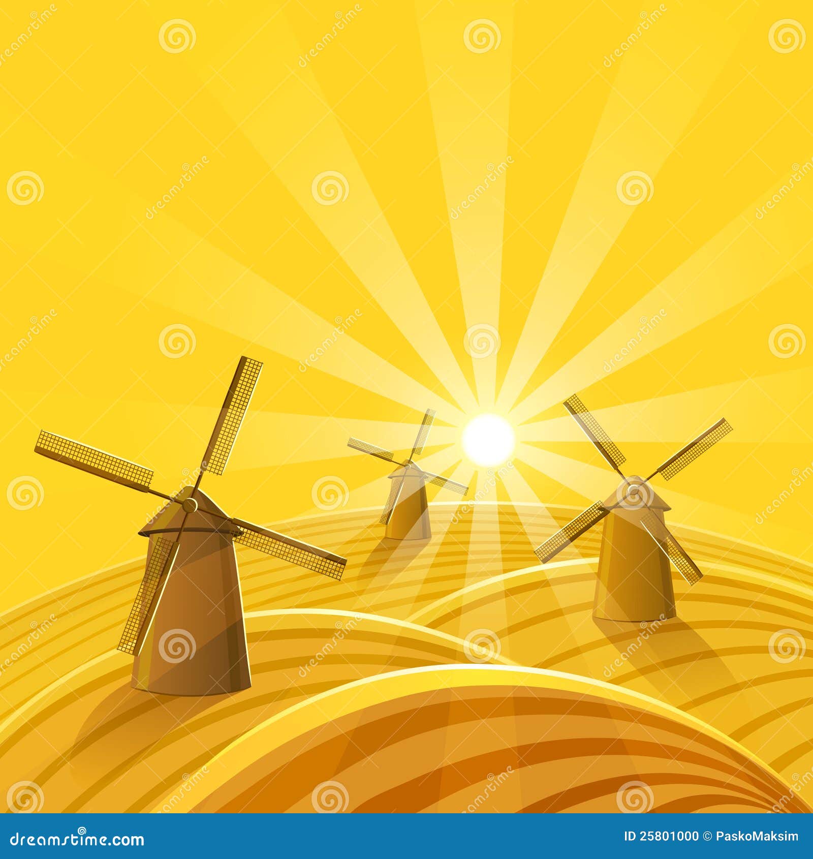 Windmills at Sunset Background. Stock Vector - Illustration of fields ...