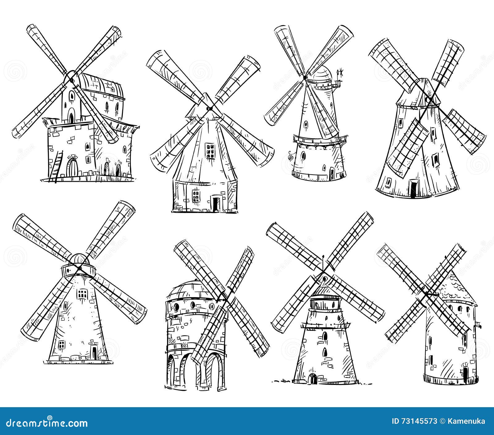 Windmills, vector drawing stock vector. Illustration of design - 73145573