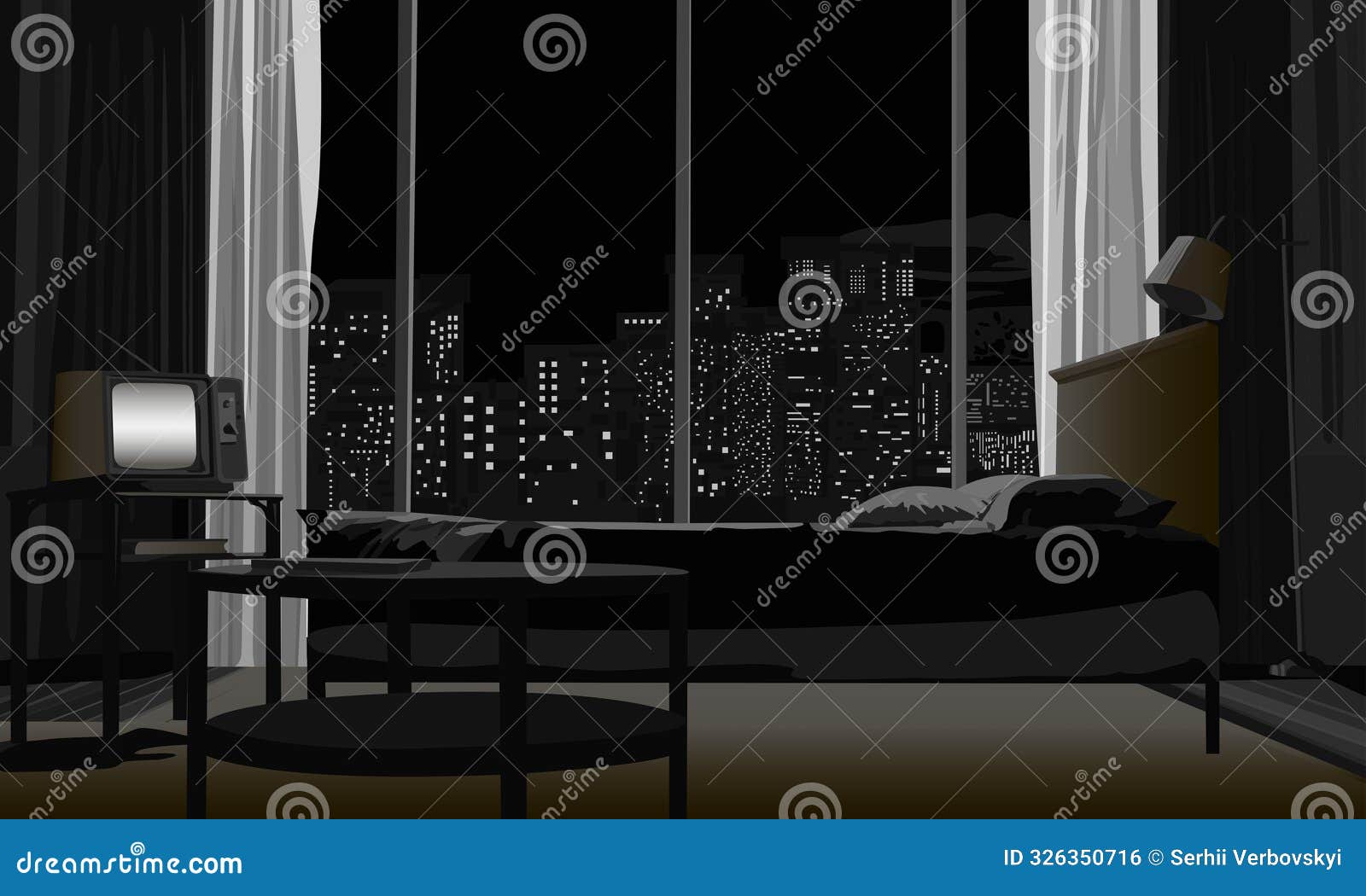 Bedroom with Big Window, Night View of the City, Vector Illustration ...