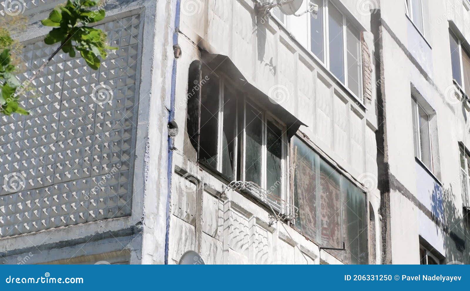 Window of an Apartment Building from Which Smoke Comes Out. Side View ...