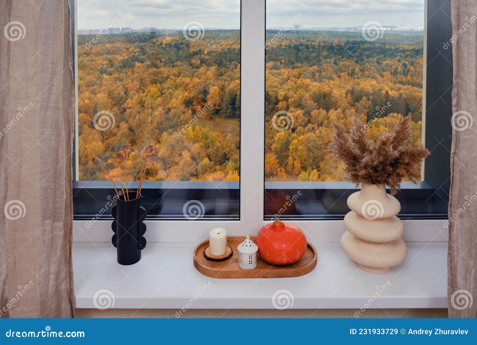 A Window with Autumn Decorations on the Windowsill and Nature Outside ...