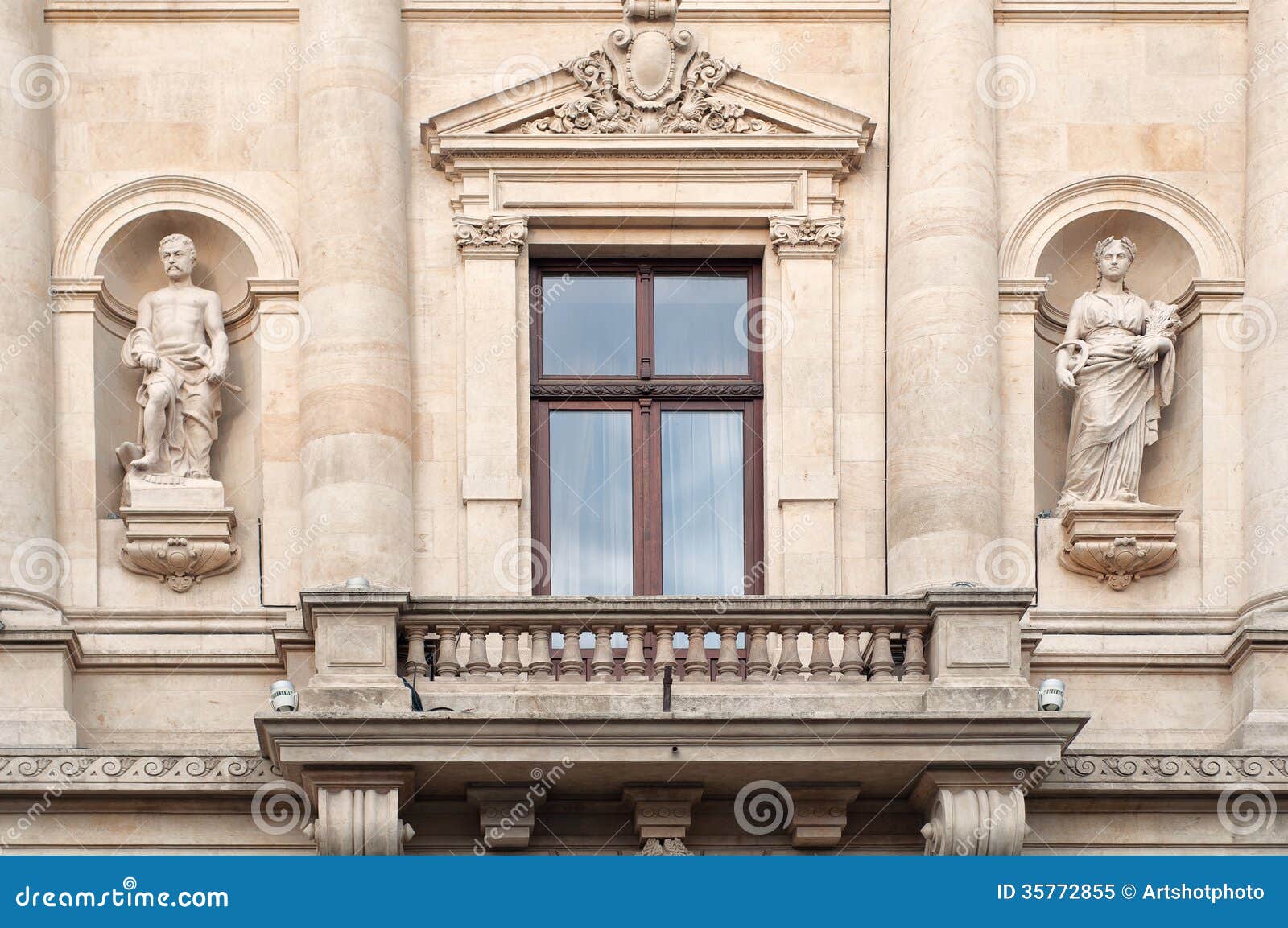 Window with Balcony and Statues Stock Image - Image of arcade, palace ...