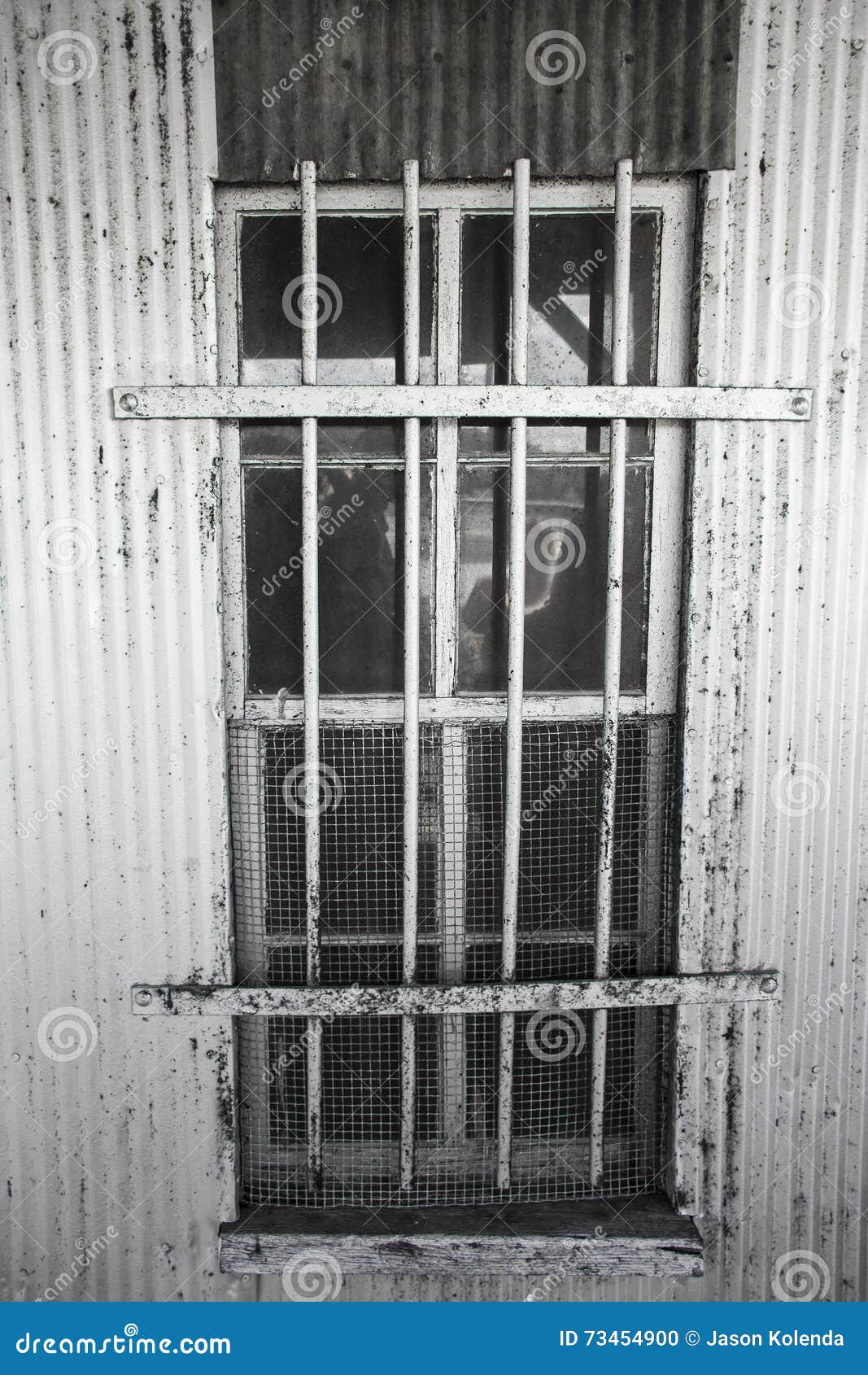 Window with Bars and Mesh Screen on Metal Building Stock Photo - Image ...