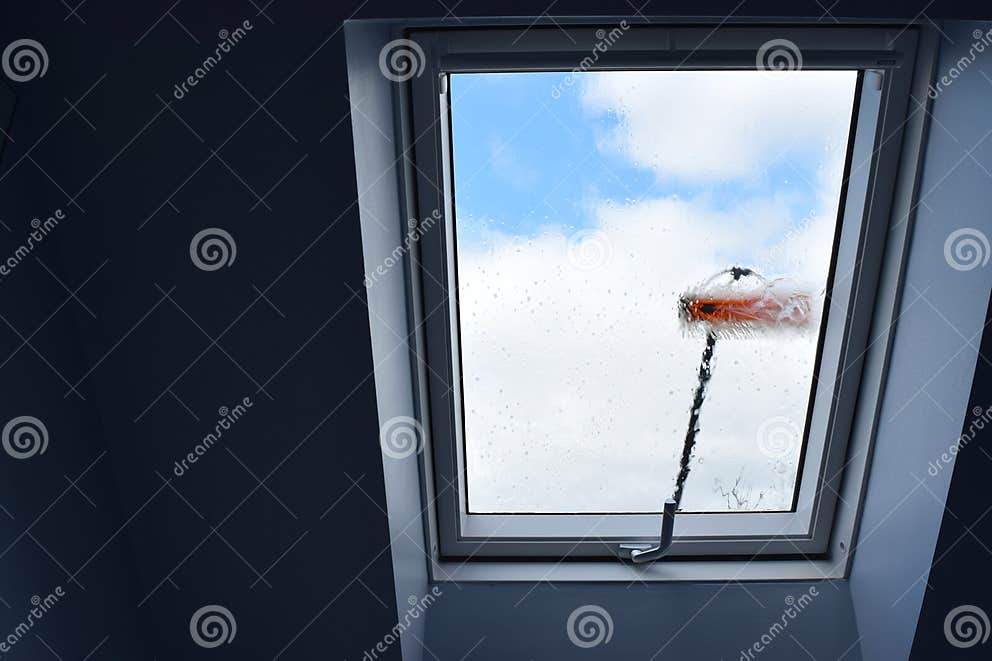 Window is Being Cleaned with Brush. Stock Photo - Image of building ...