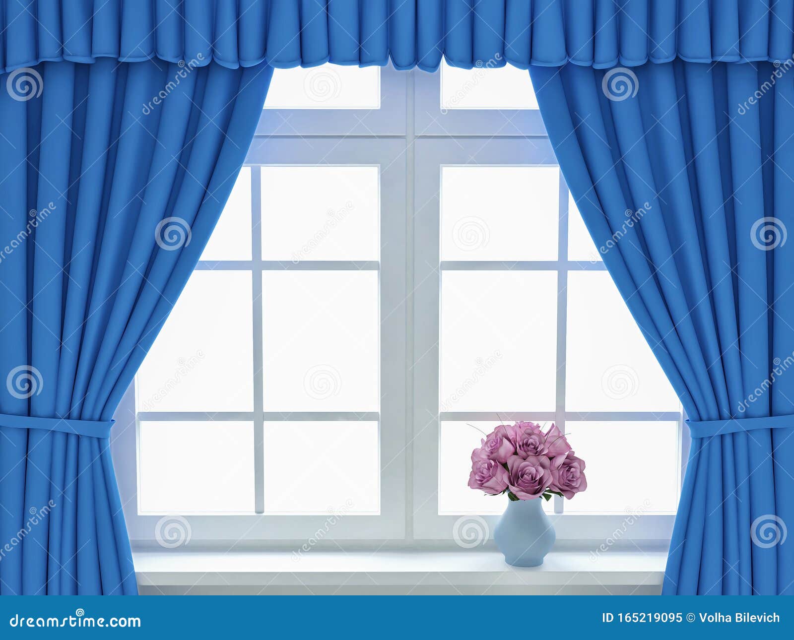 Window with Blue Curtains and Roses. 3d Render Stock Illustration ...