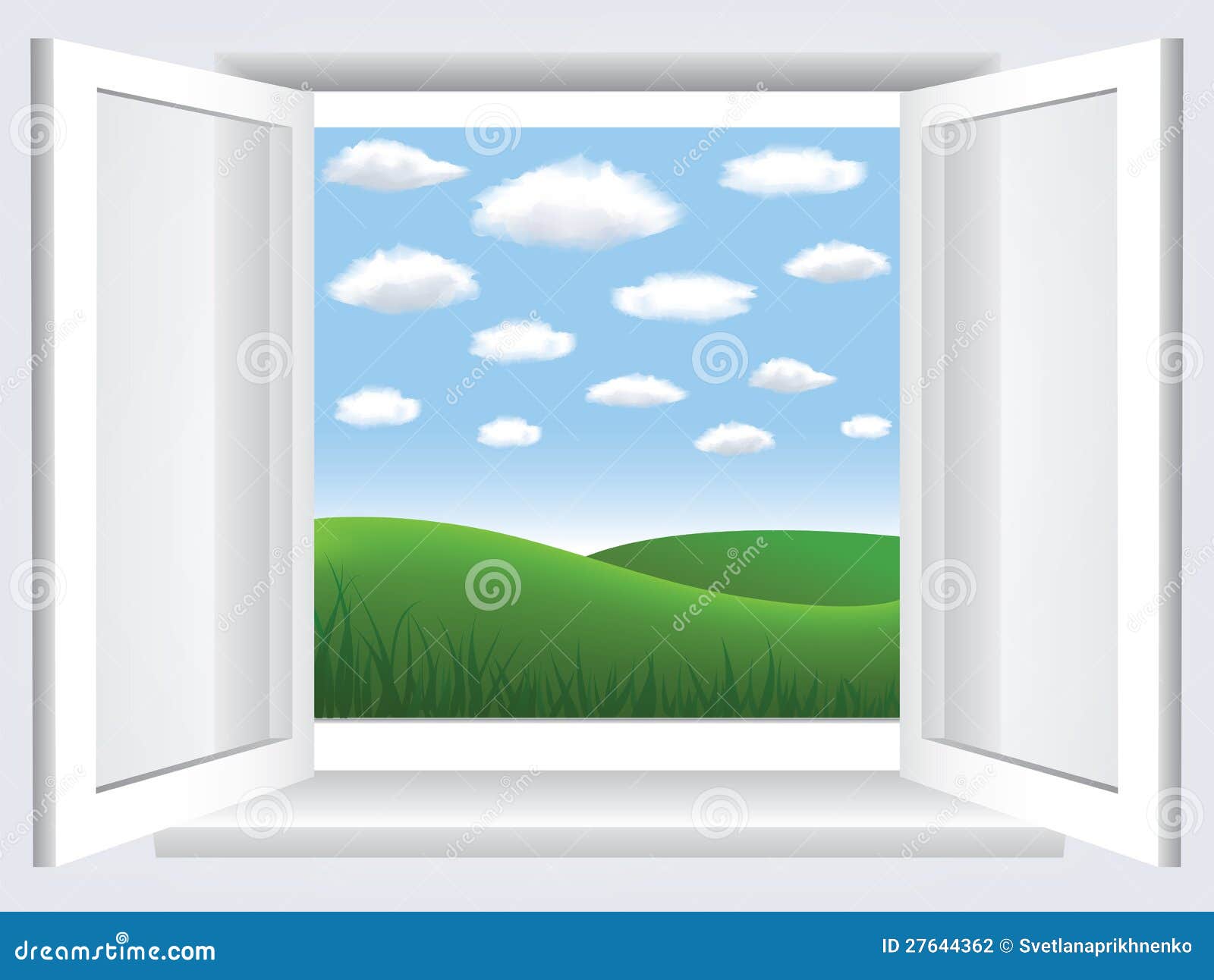 Window with Blue Sky, Clouds and Green Hiil Stock Vector - Illustration ...