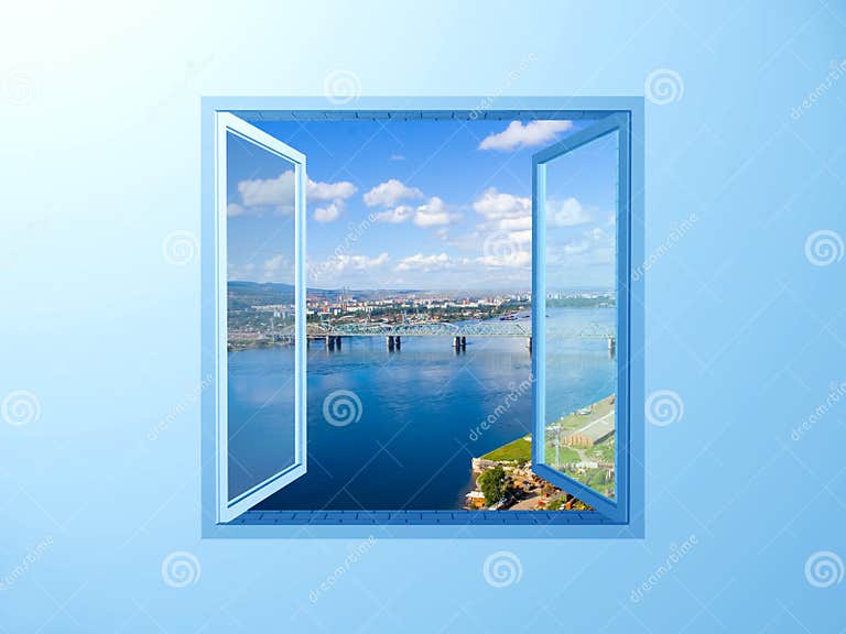 Window on the Blue Wall on River View Stock Photo - Image of glass ...