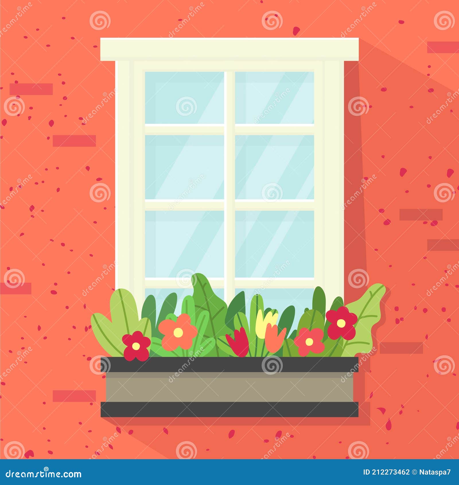 Window, Box with Flowers. Red Wall. Vector Flat Stock Vector ...