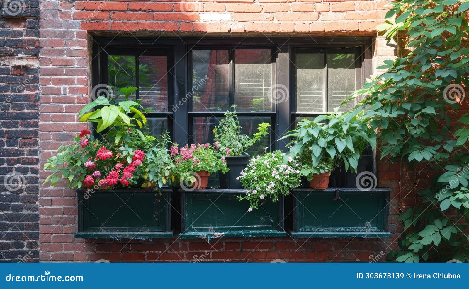 Window Boxes with Plants on the Side of a Brick Building Stock ...