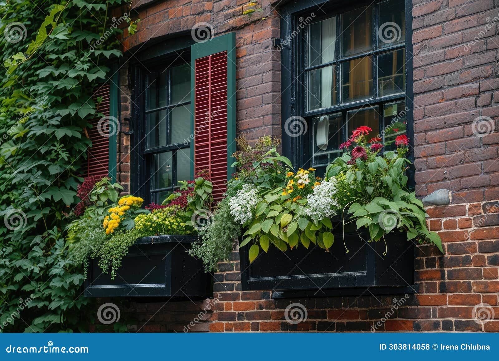Window Boxes with Plants on the Side of a Brick Building Stock ...
