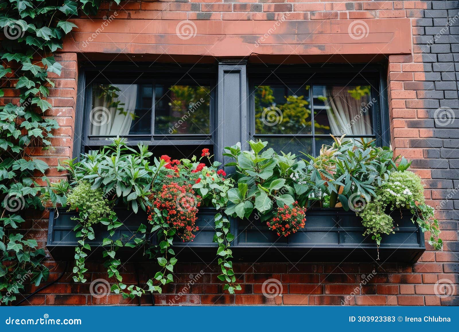 Window Boxes with Plants on the Side of a Brick Building Stock ...