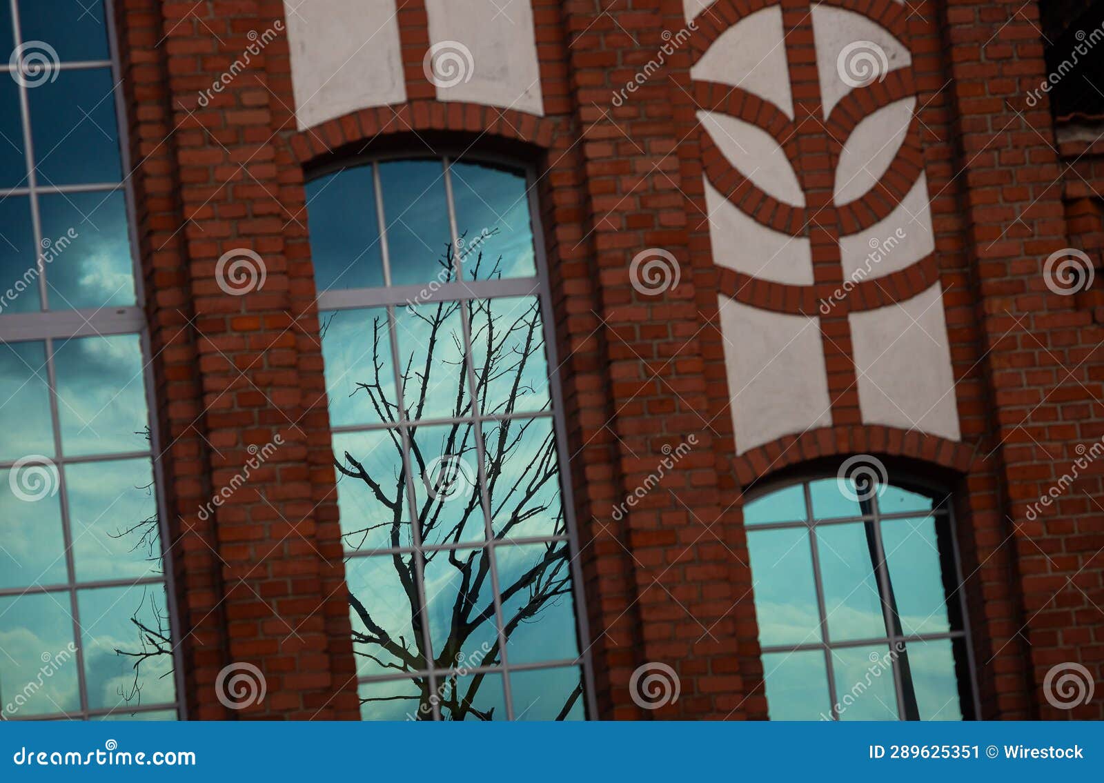 Window in a Brick Building Reflecting the Sky and Trees Stock Image ...