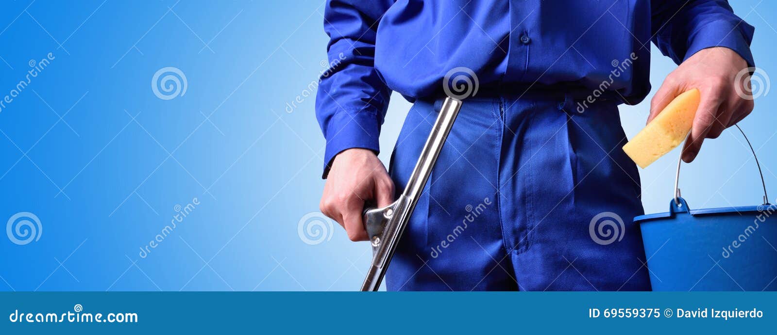 Window Cleaning Employee with Work Tools Blue Background Stock Image ...