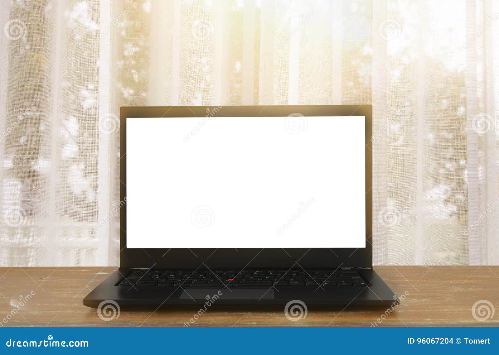 Window with Curtain and Open Laptop and Empty White Screen for Copy ...