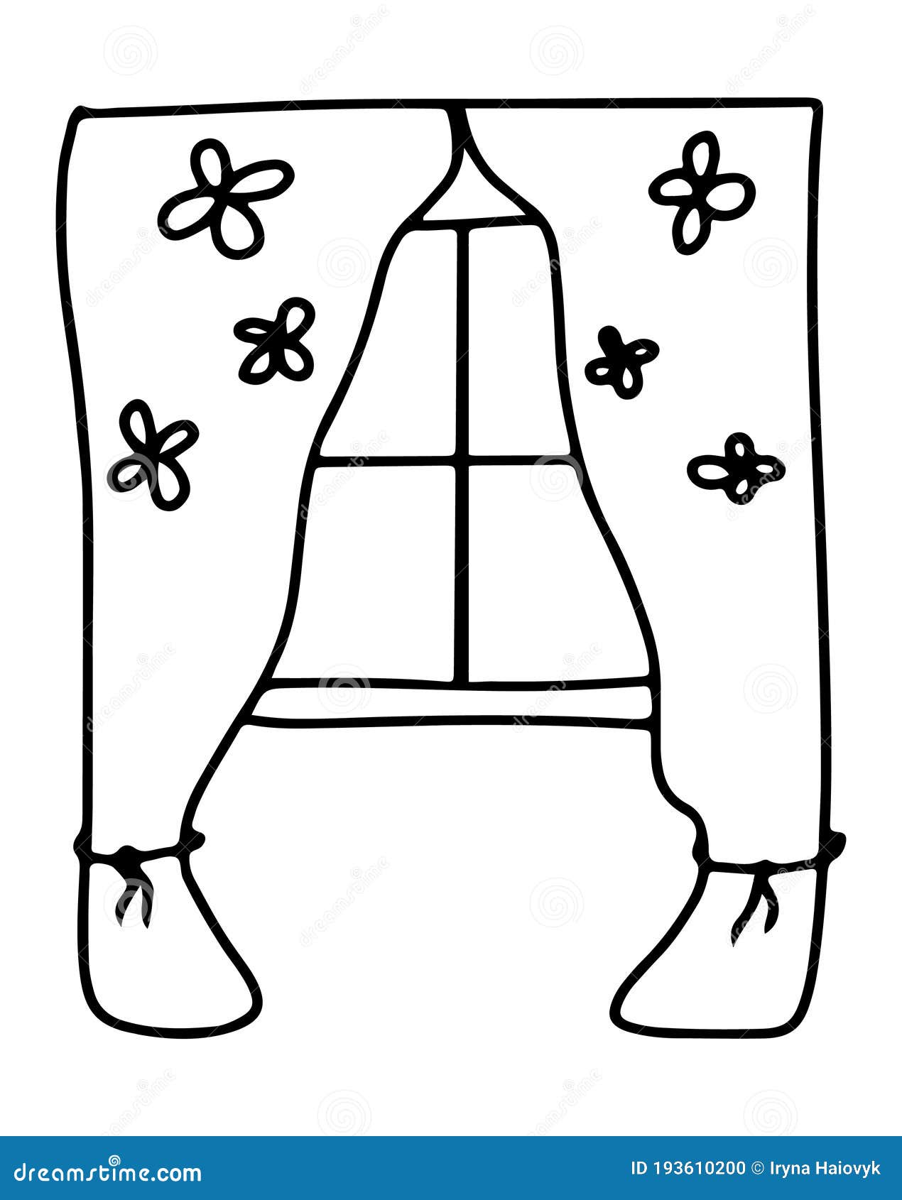 Window with Curtains with Flowers Design. Hand Drawn in Outline Style ...