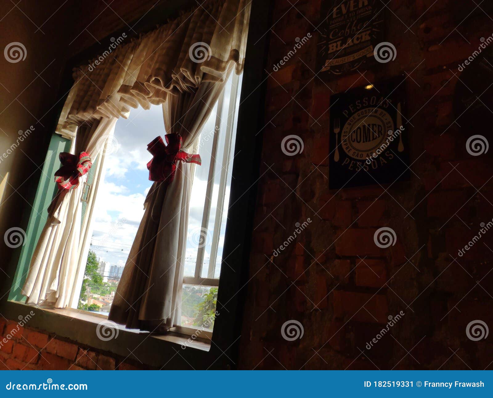 Window, Curtains, Rustic Brick Wall, Artificial Plant of a Beautiful ...