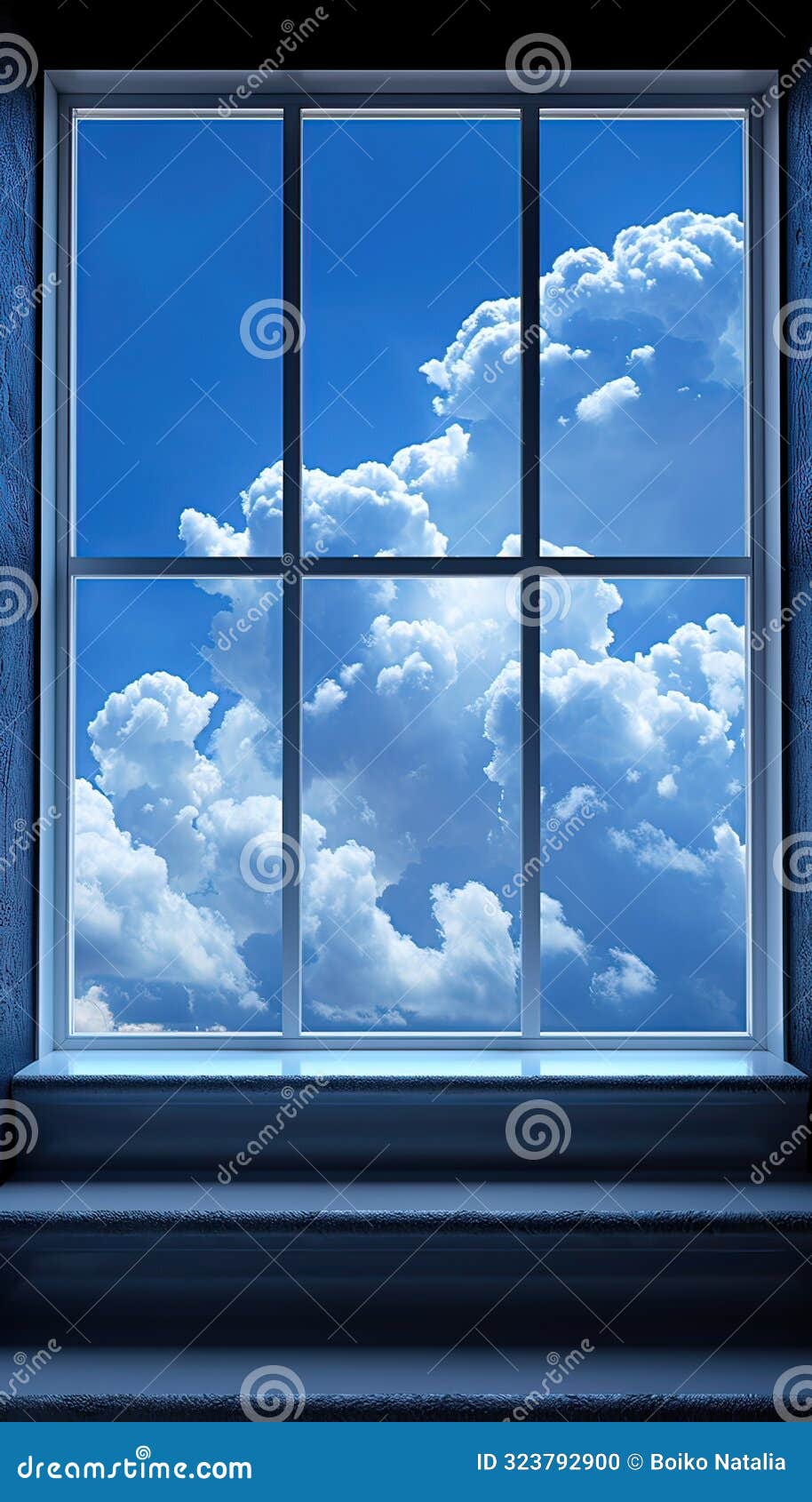 The Window Displays a Backdrop of Blue Sky and Clouds Stock Photo ...