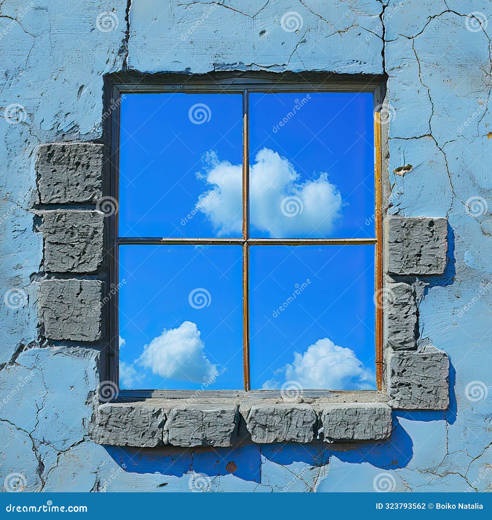 The Window Displays a Backdrop of Blue Sky and Clouds Stock Photo ...