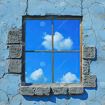 The Window Displays a Backdrop of Blue Sky and Clouds Stock Photo ...