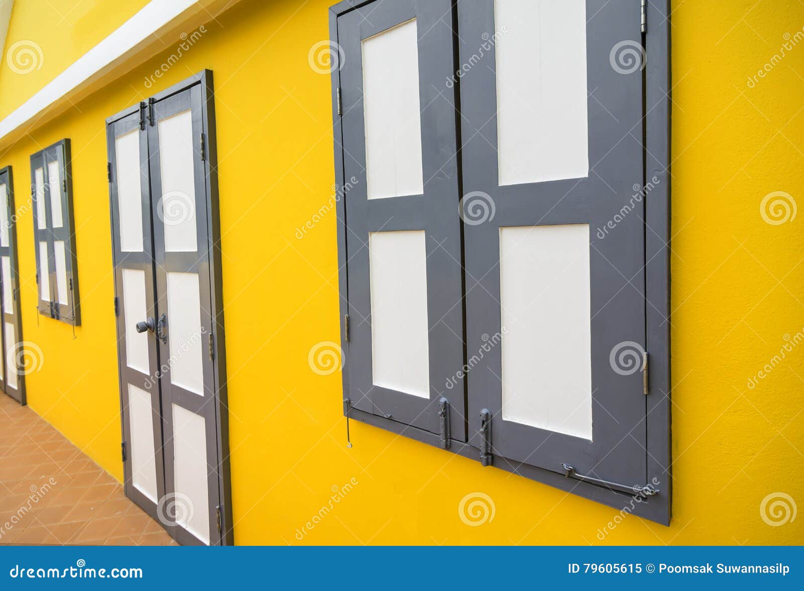 Window and Door on the Yellow Wall. Stock Image - Image of wood ...