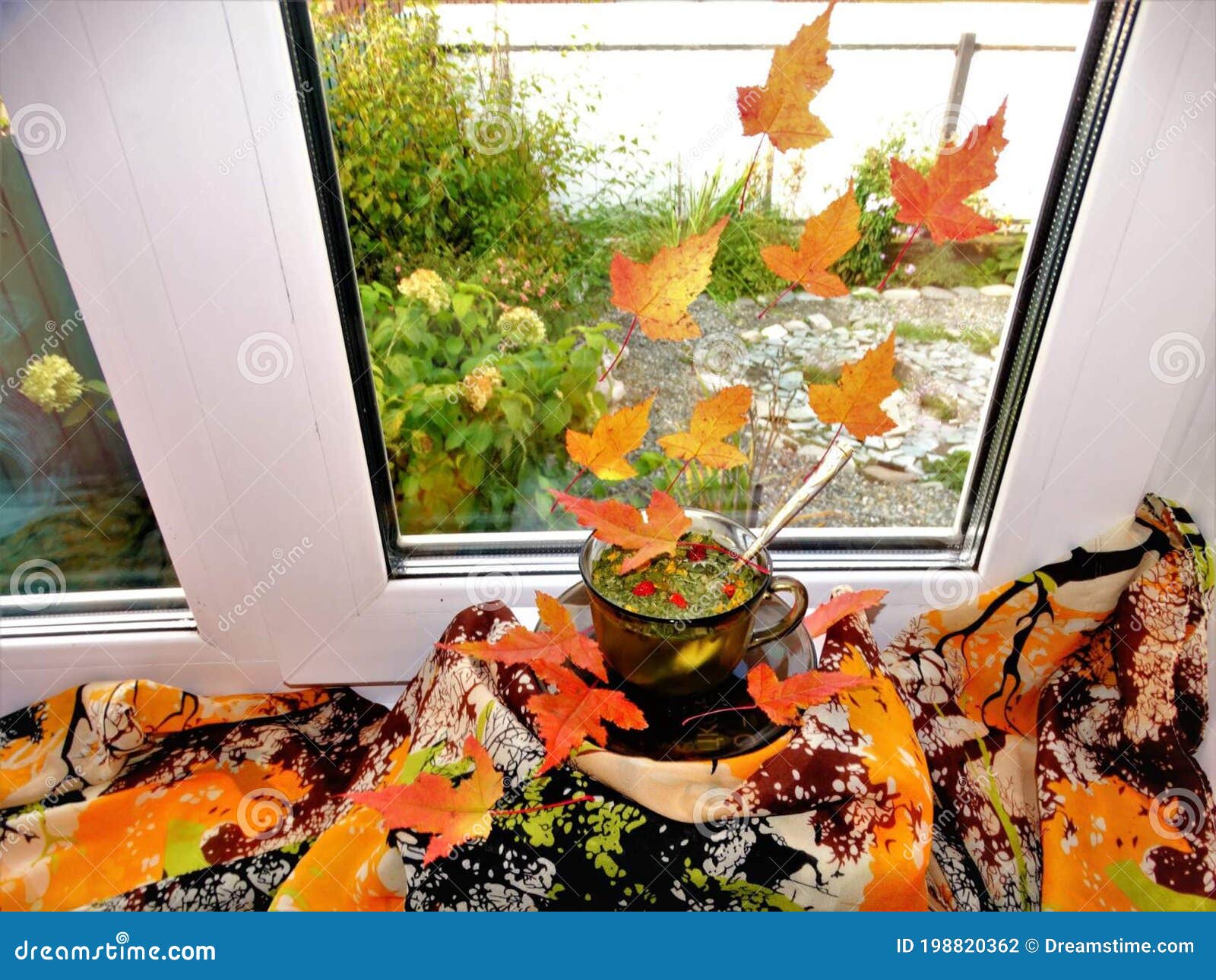 Window.Falling Leaves. There`s a Mug of Tea on the Windowsill. Stock ...