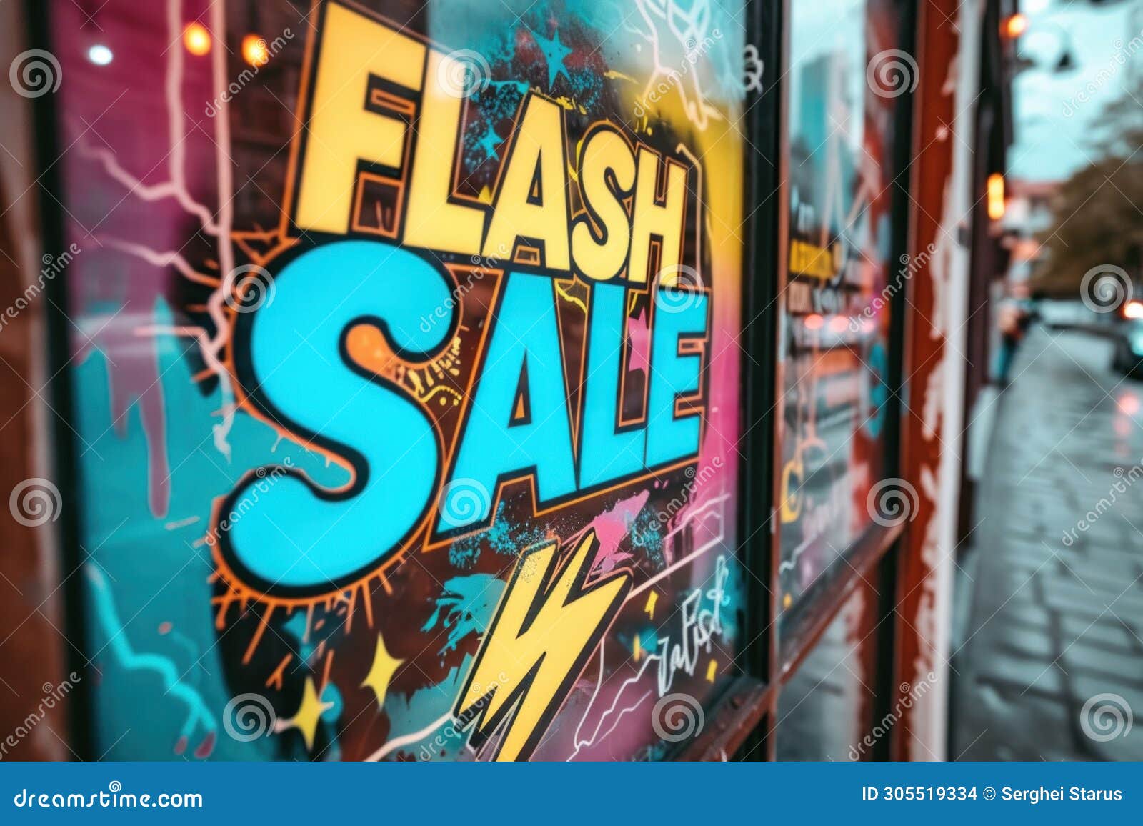 A Window with a Flash Sale Sign on it in Front of the Store, AI Stock ...