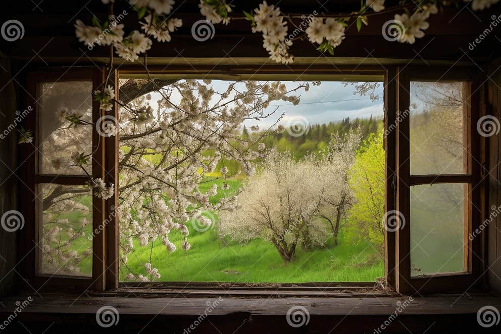 Window in a Forest, with View of Blooming Trees and Buzzing Bees Stock ...