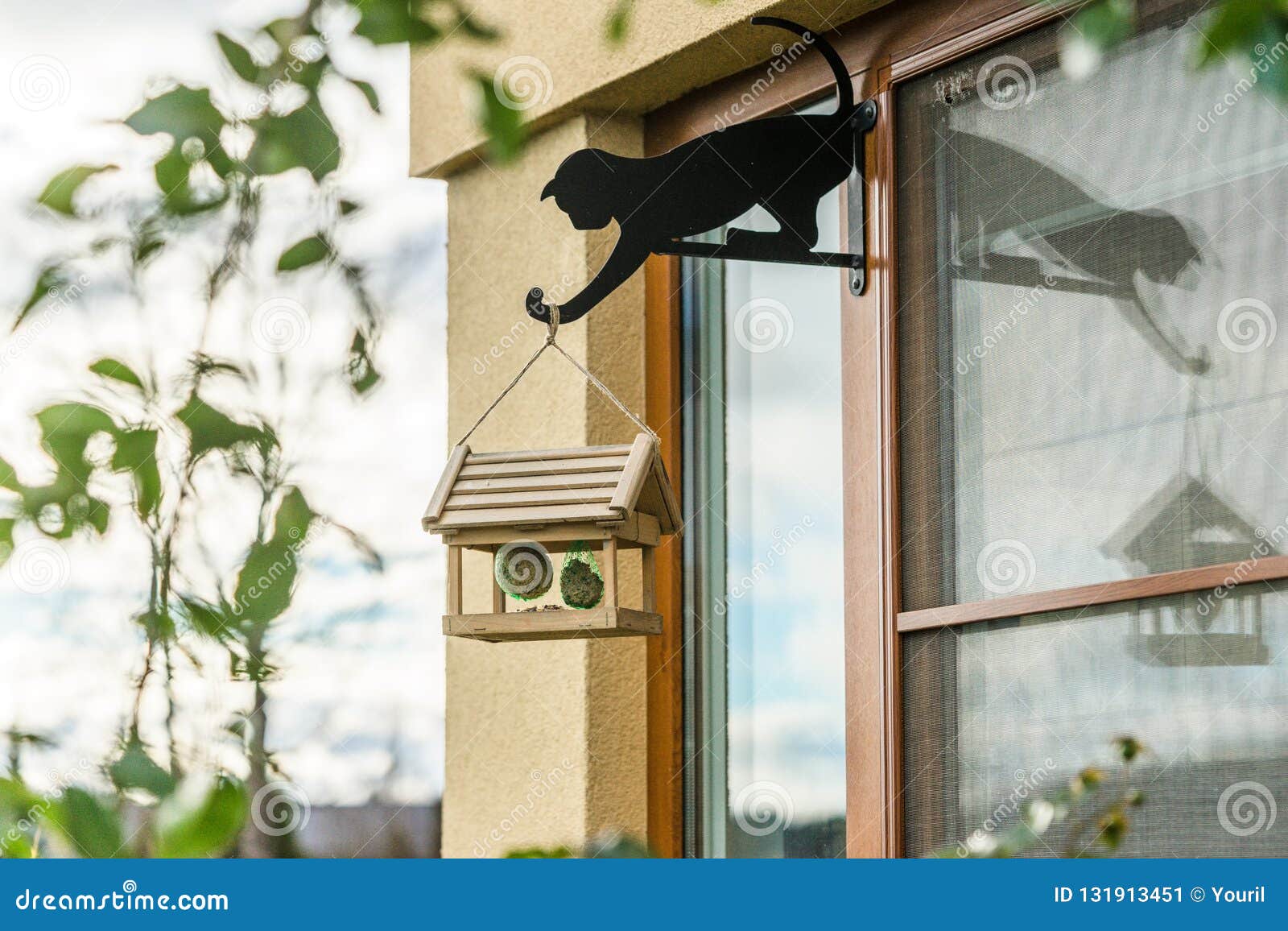On a Window Frame Mounted Bird Feeder Stock Image - Image of ...