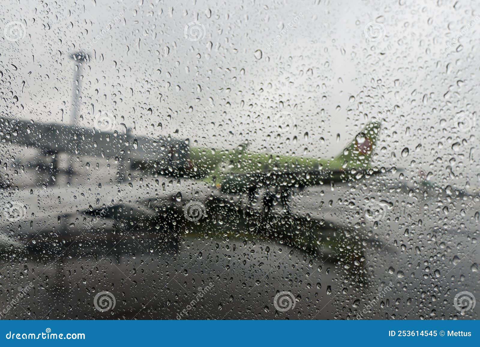Window Frame with Raindrops. View from Inside of Airplane at Airfield ...