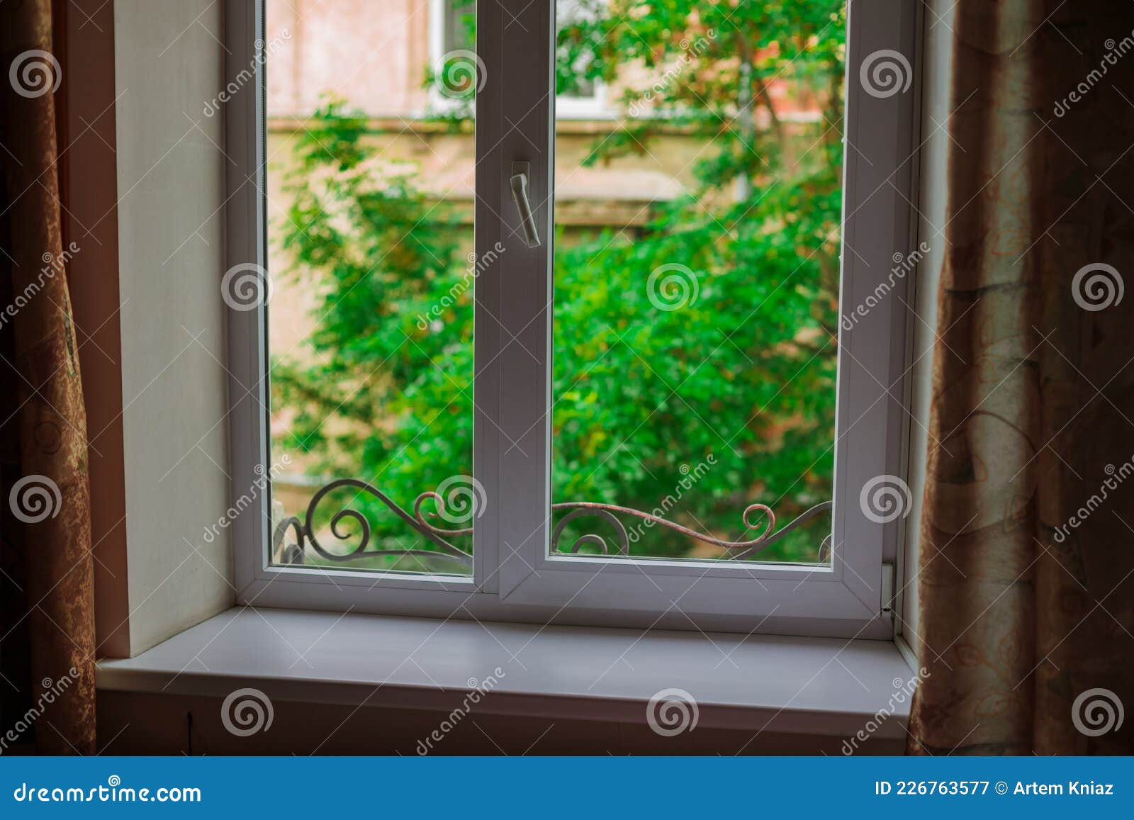 Window Frame View from the Inside White Windowsill Foreground and Green ...