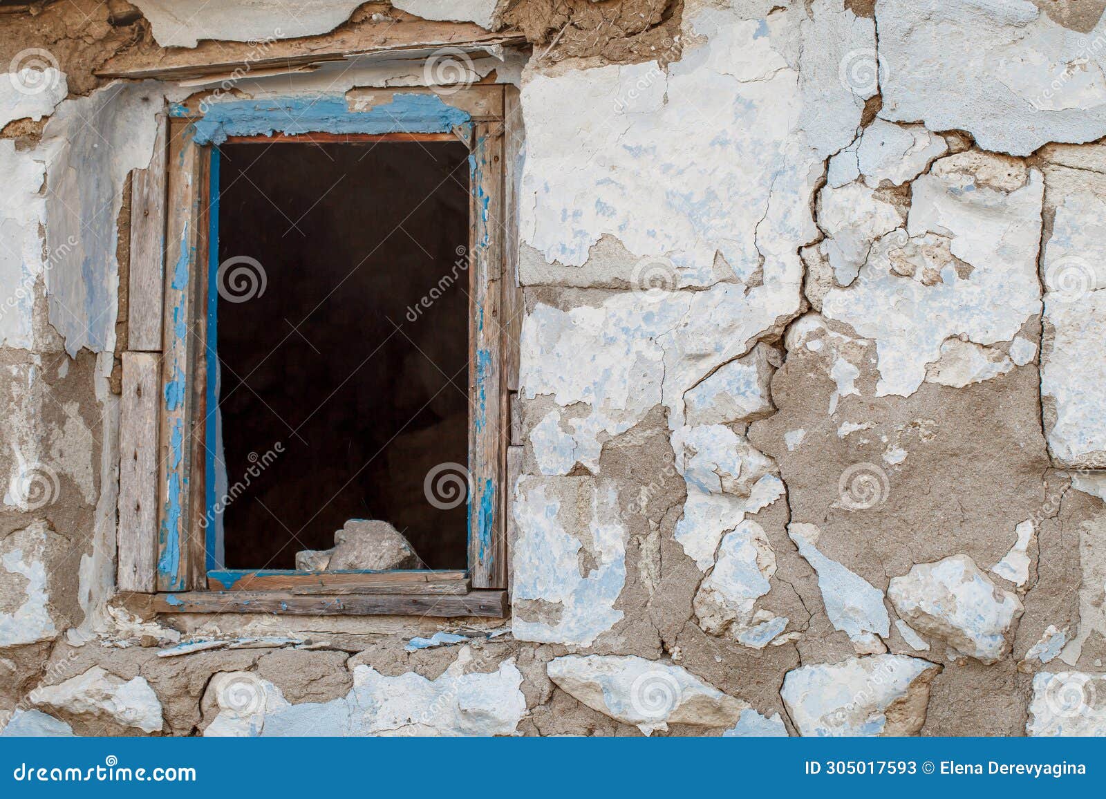 Window without Glass with Broken Frame on Peeling Wall of Old Ruined ... Window without Glass with Broken Frame on Peeling Wall of Old Ruined ...