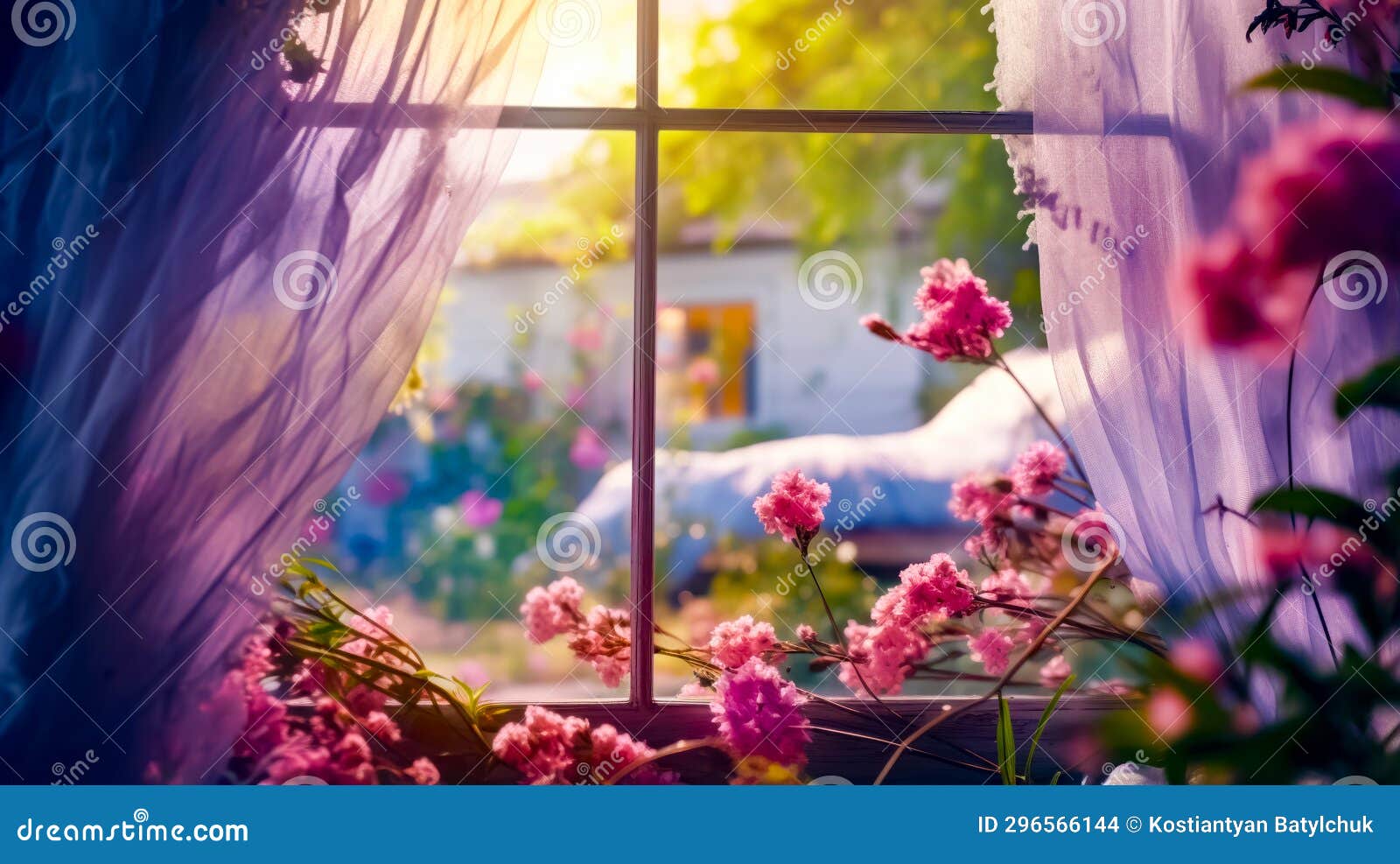 Window that Has Bunch of Pink Flowers in Front of Window. Generative AI ...