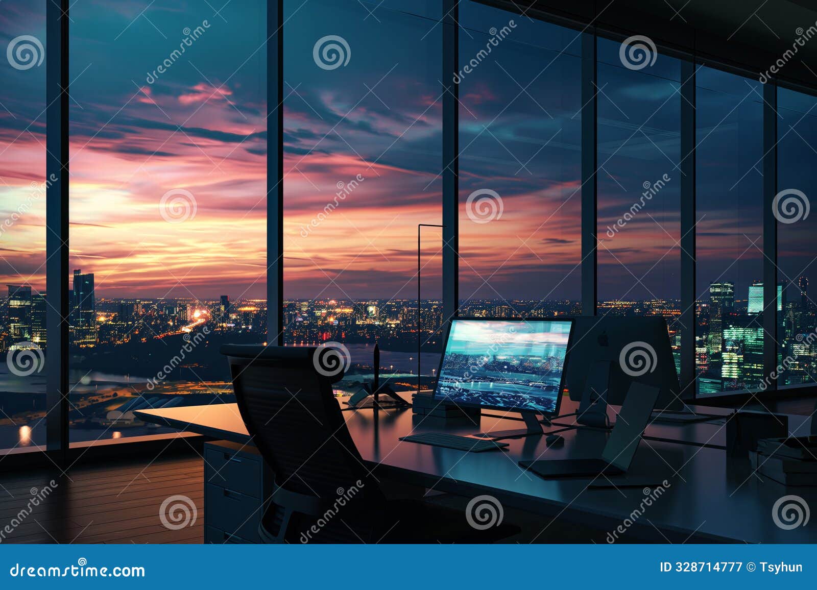 Window Image with the Open View Office, Sunset Time Stock Illustration ...