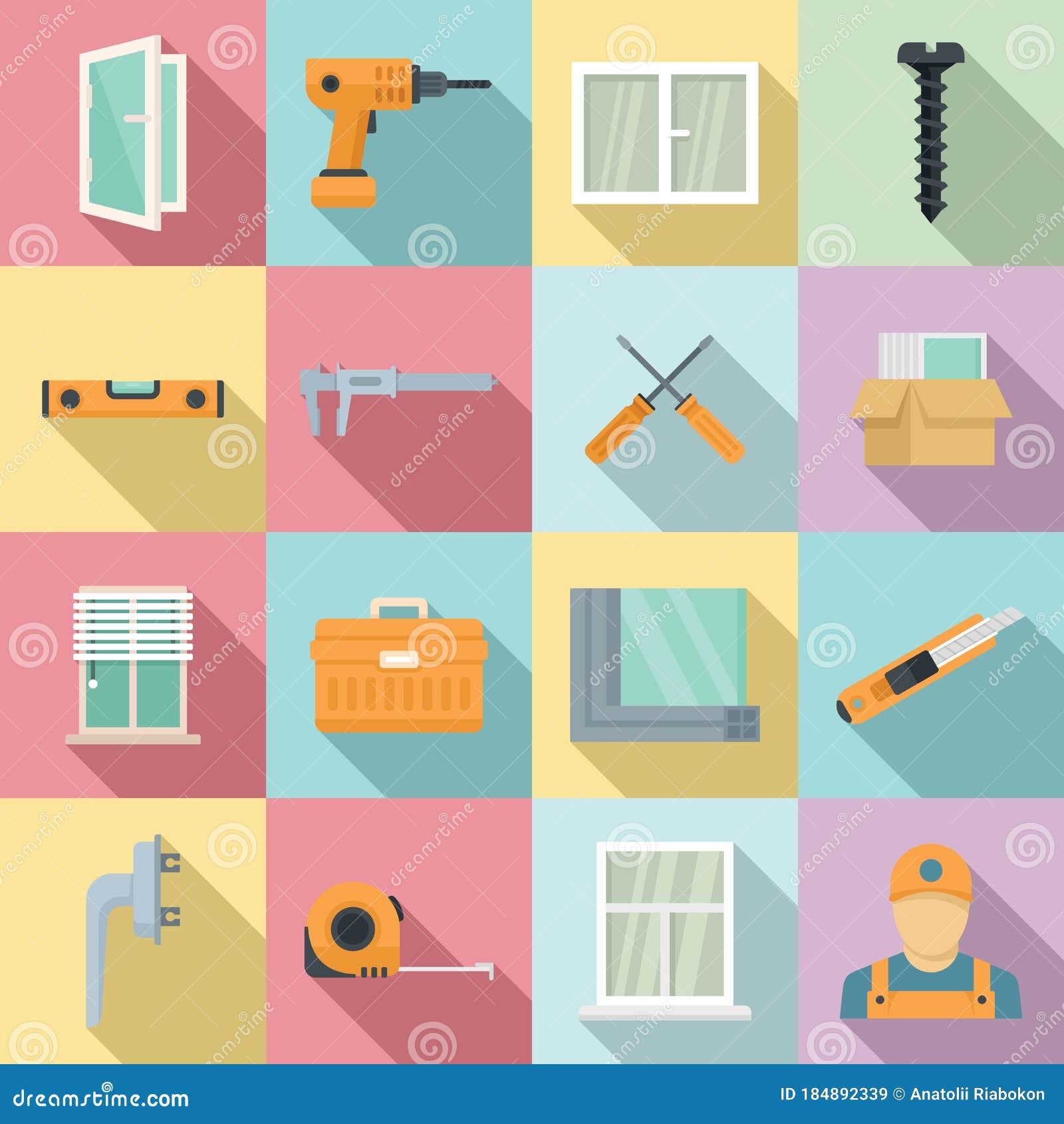 Window Installation Icons Set, Flat Style Stock Vector - Illustration ...