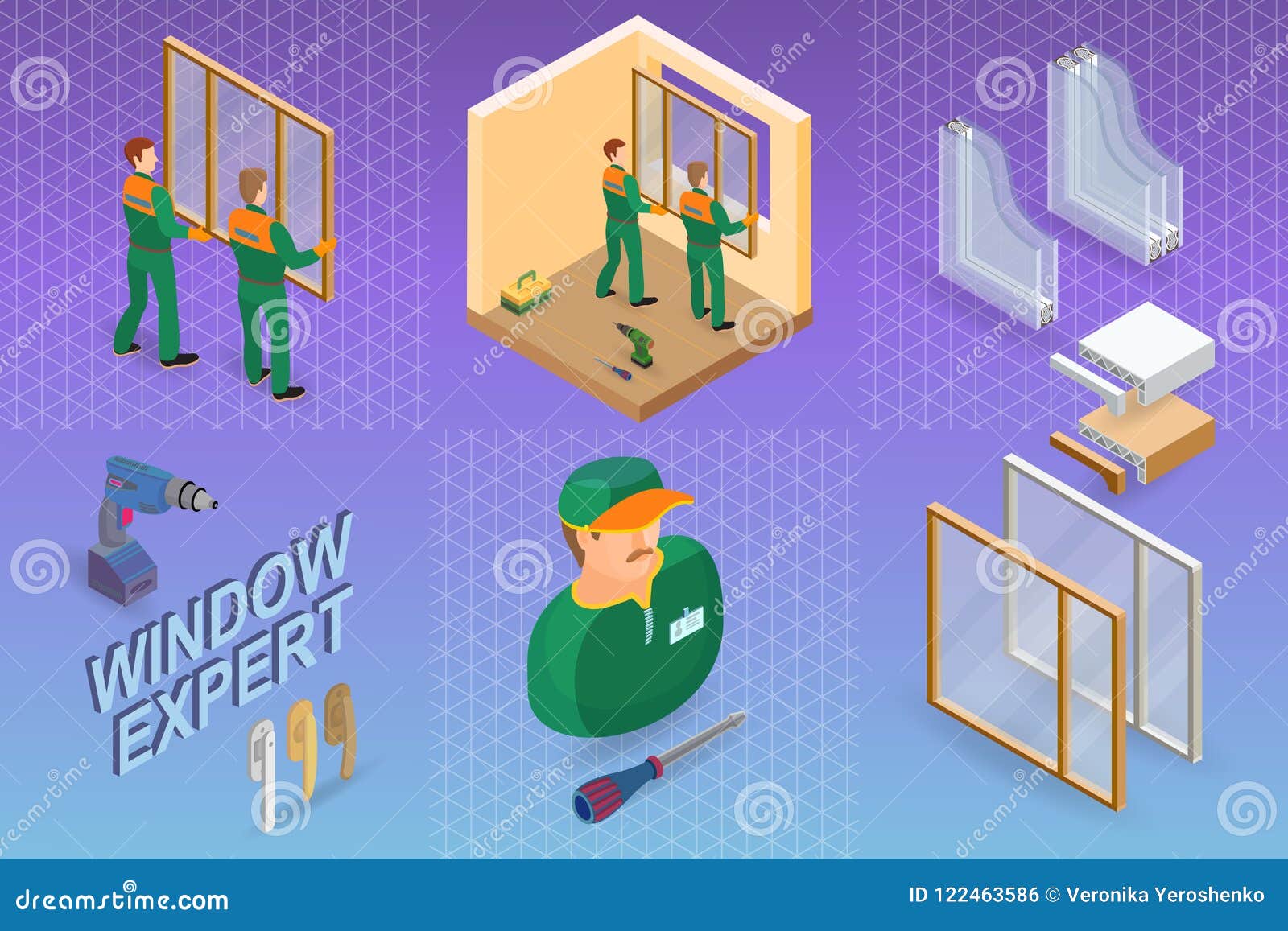 Window Installing Service. Isometric Concept. Worker, Equipment. Stock ...
