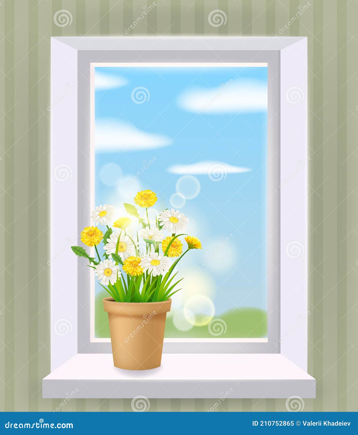 Window in Interior, Spring, Flower Pot with Flowers Daisy and ...