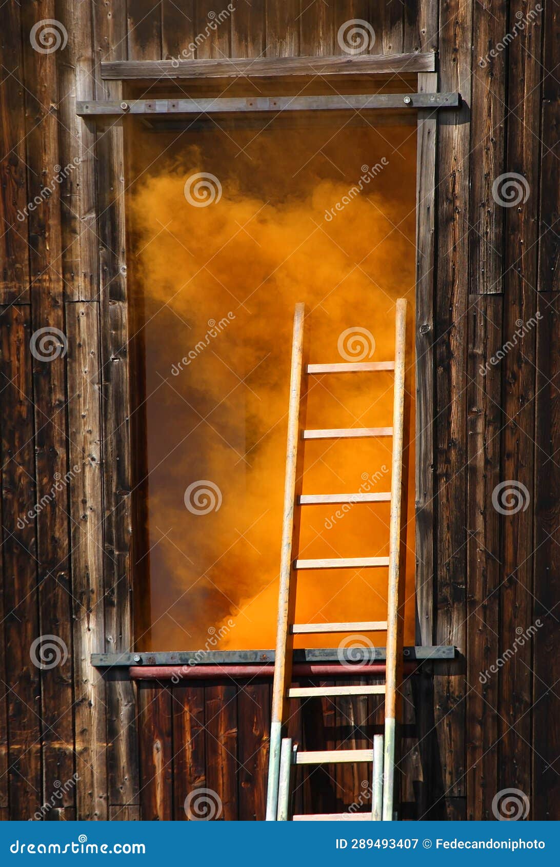 Window with a Ladder and Thick Orange Toxic Smoke Comes Out Stock Image ...