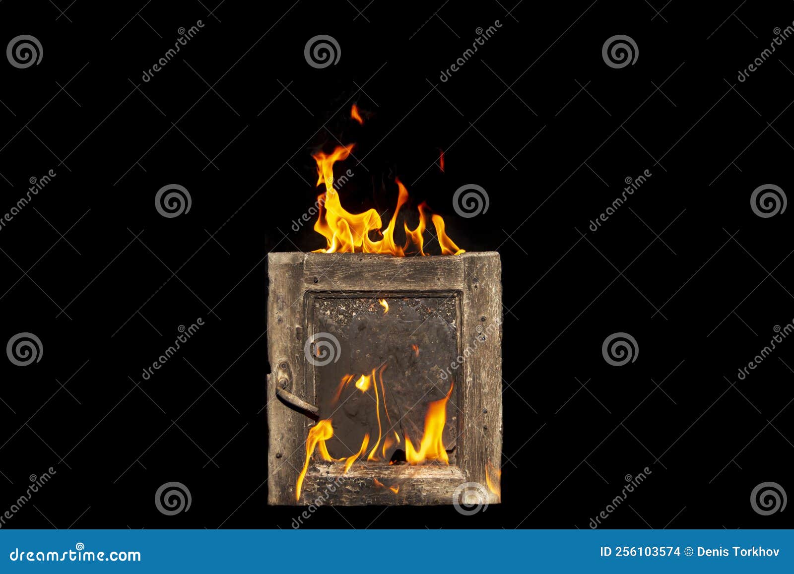 Window Leaf from a Wooden Window on Fire Close-up on a Black Isolated ...
