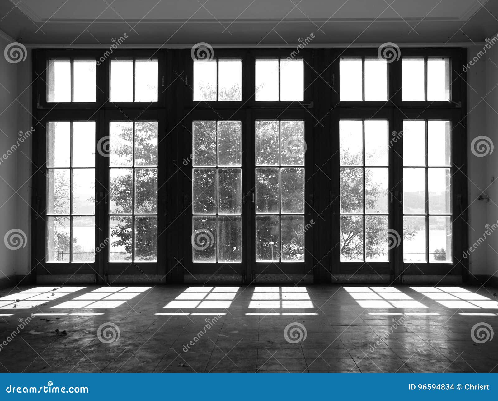 Window with Light Reflection on Floor and Tree in Backlight Stock Photo ...