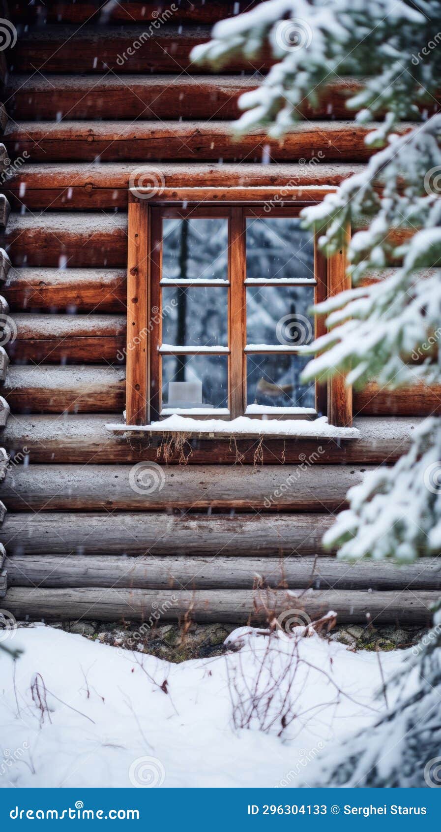 A Window in a Log Cabin is Covered with Snow, AI Stock Image - Image of ...