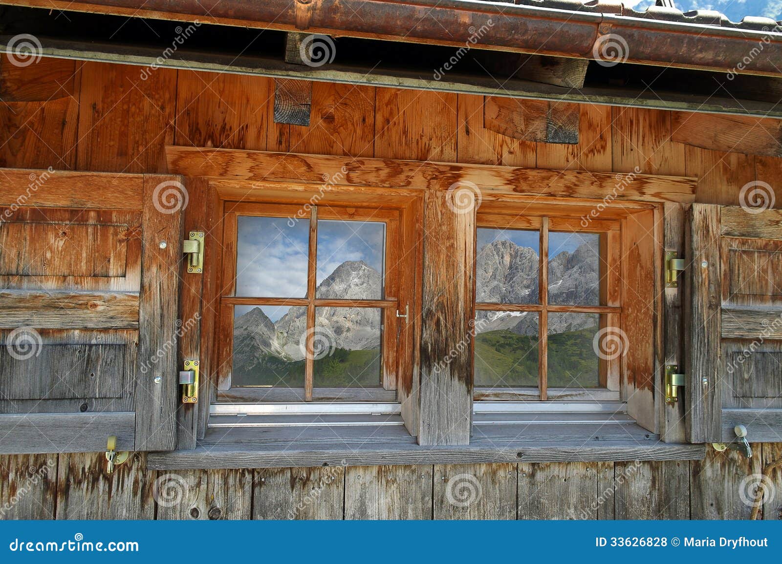 Window with Mountain Reflection Stock Photo - Image of weathered ...