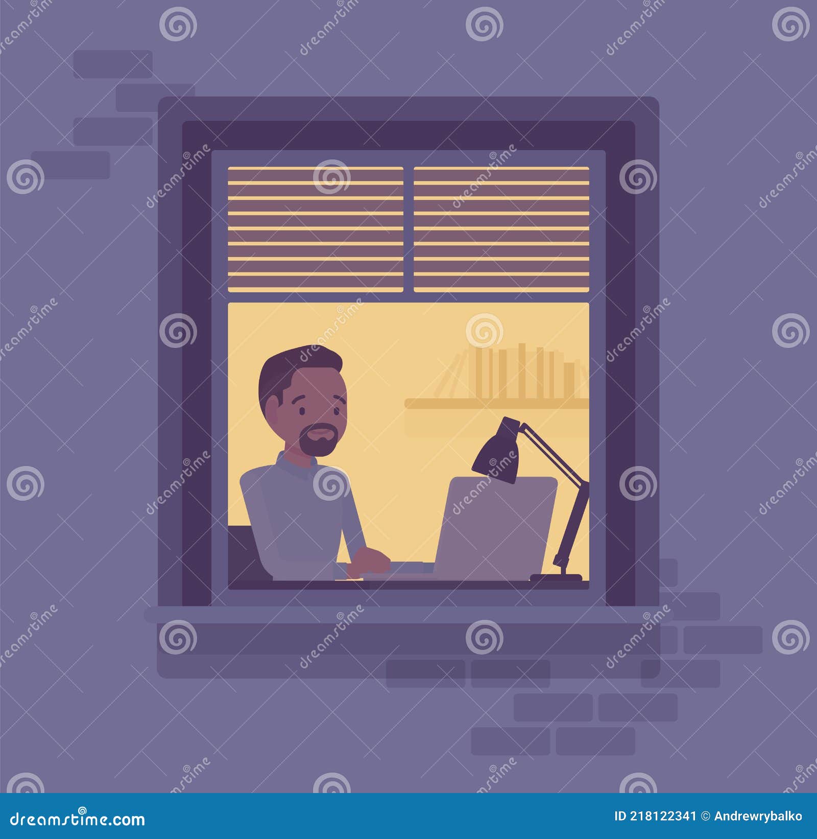 Window at Night, Young Man Working at Computer Behind Stock Vector ...
