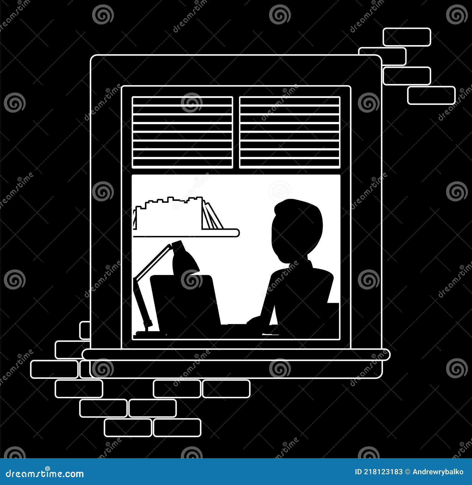 Window at Night, Man Working at Computer Behind Stock Vector ...