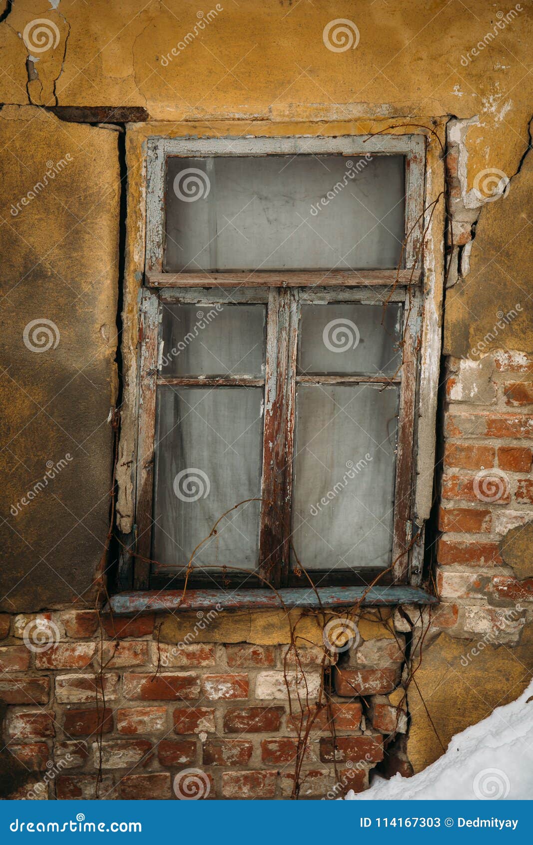 Window in Old Rustling Ruined House, Cracks in Wall Stock Image - Image ...