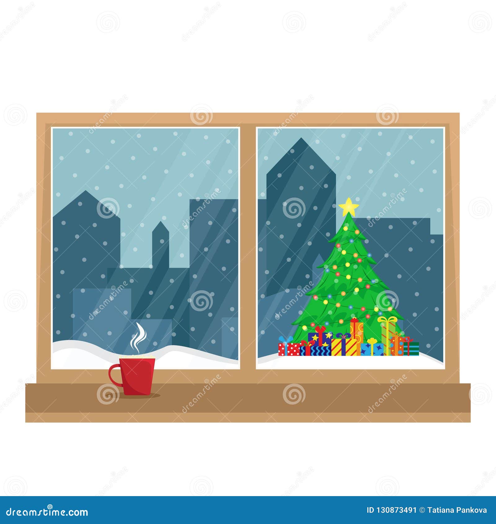 Window Overlooking the Christmas Tree Under the Snow. Stock Vector ...