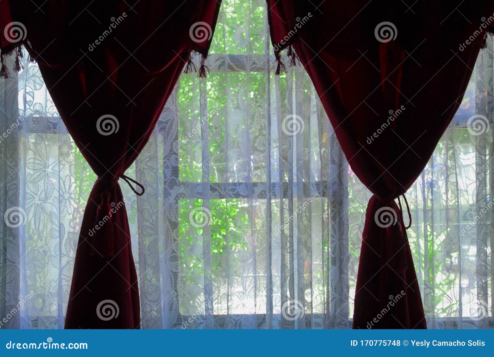 Window Overlooking the Garden, Red Curtains Stock Photo - Image of ...