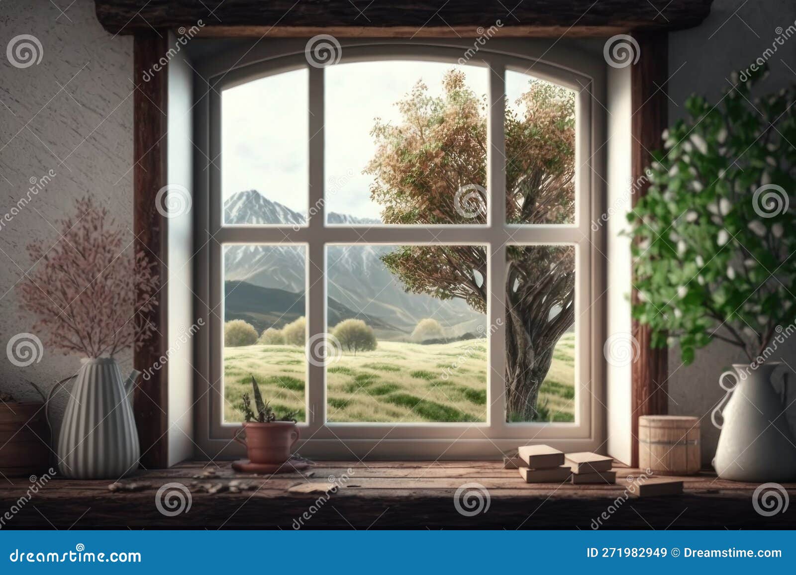 Window Overlooking the Mountains. AI Generative Stock Illustration ...
