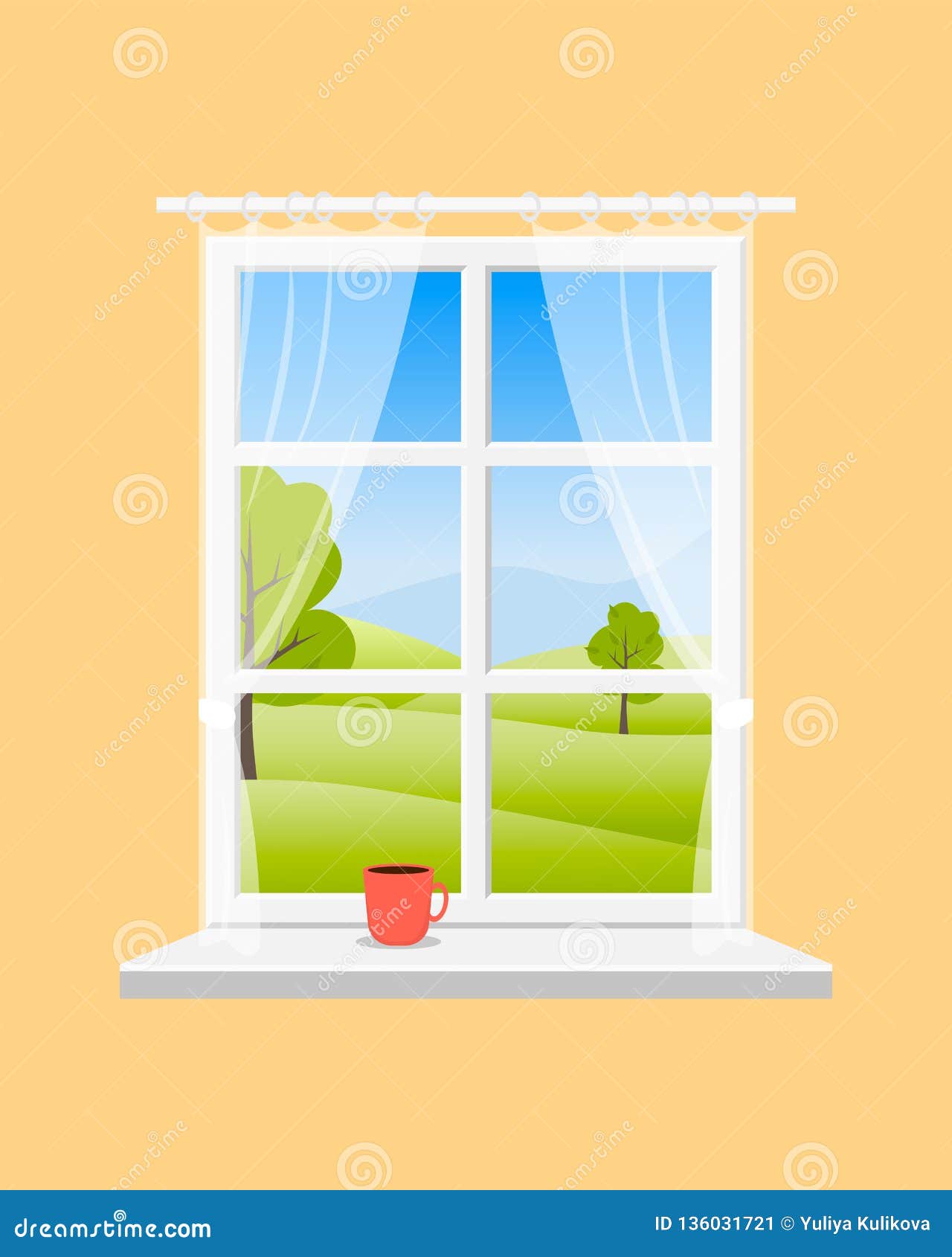 Window Overlooking the Spring Landscape: Fields, Trees, Mountains in ...