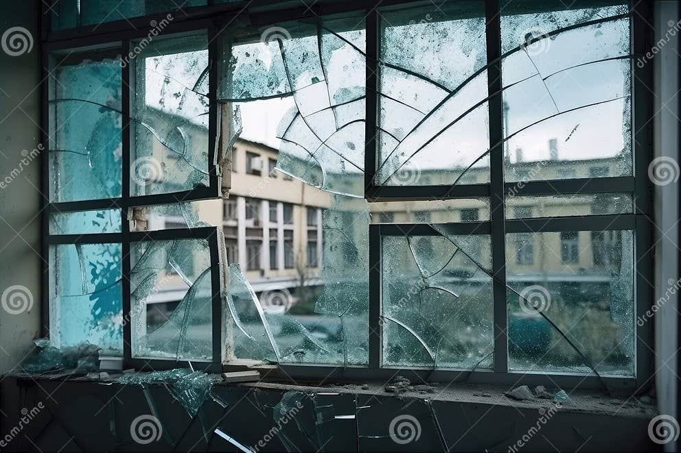 Window Pane with Crack, Seen from the Inside of the Building Stock ... Window Pane with Crack, Seen from the Inside of the Building Stock ...
