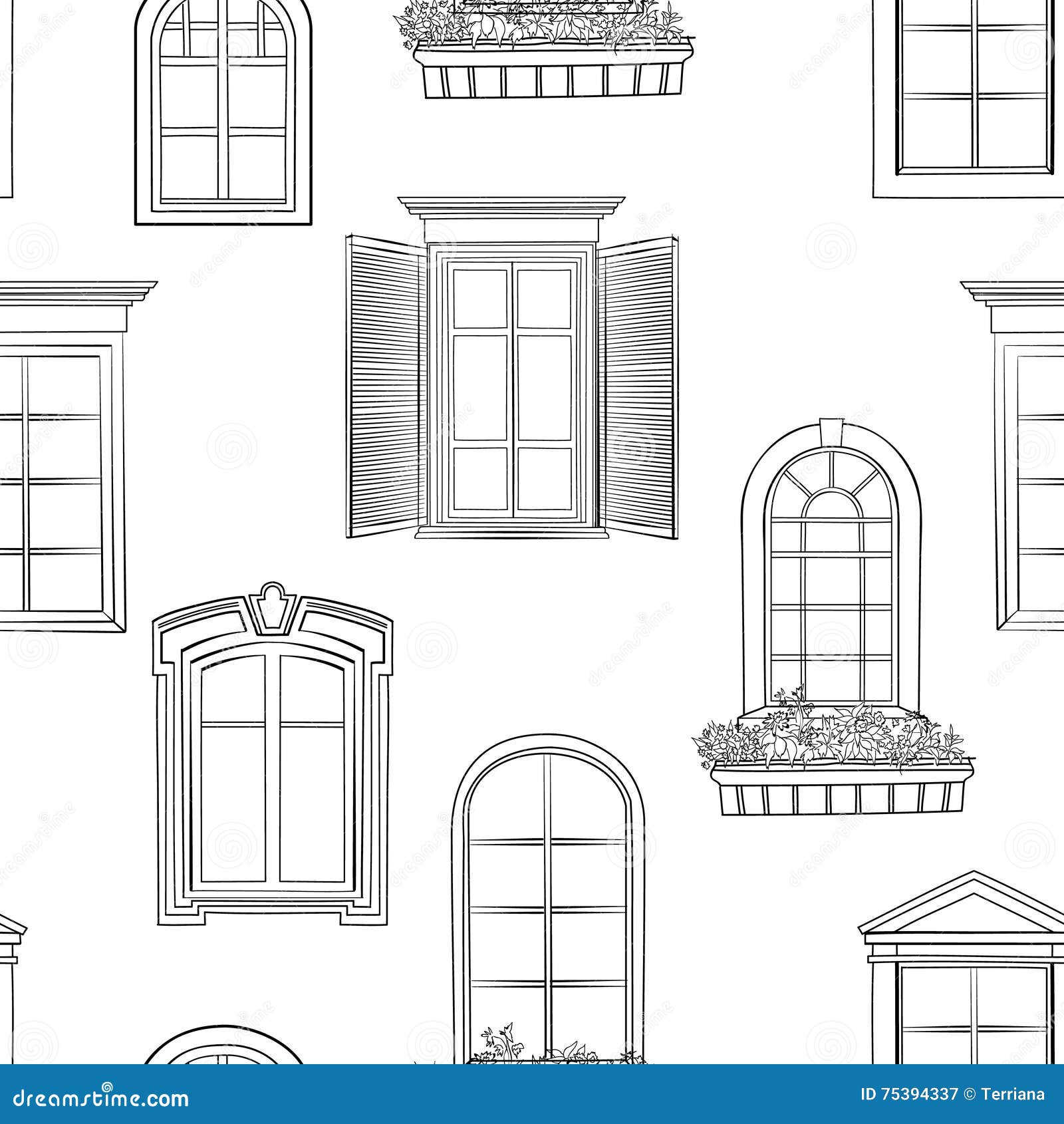 Window Pattern. Different Architectural Style of Windows Doodle Stock ...